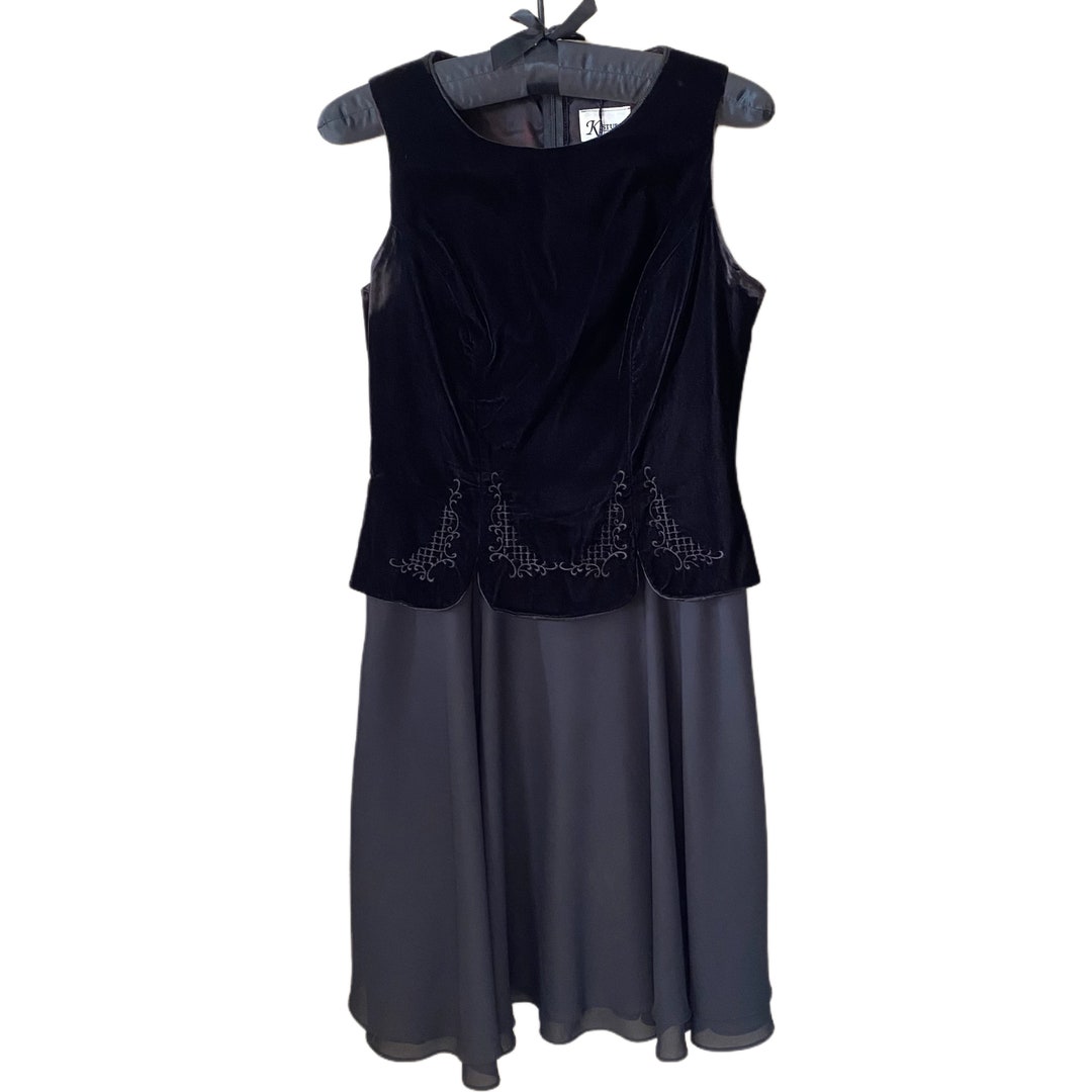 Vintage 1990s Black Velvet Goth Midi Dress Embroidered Waist Coat ...
