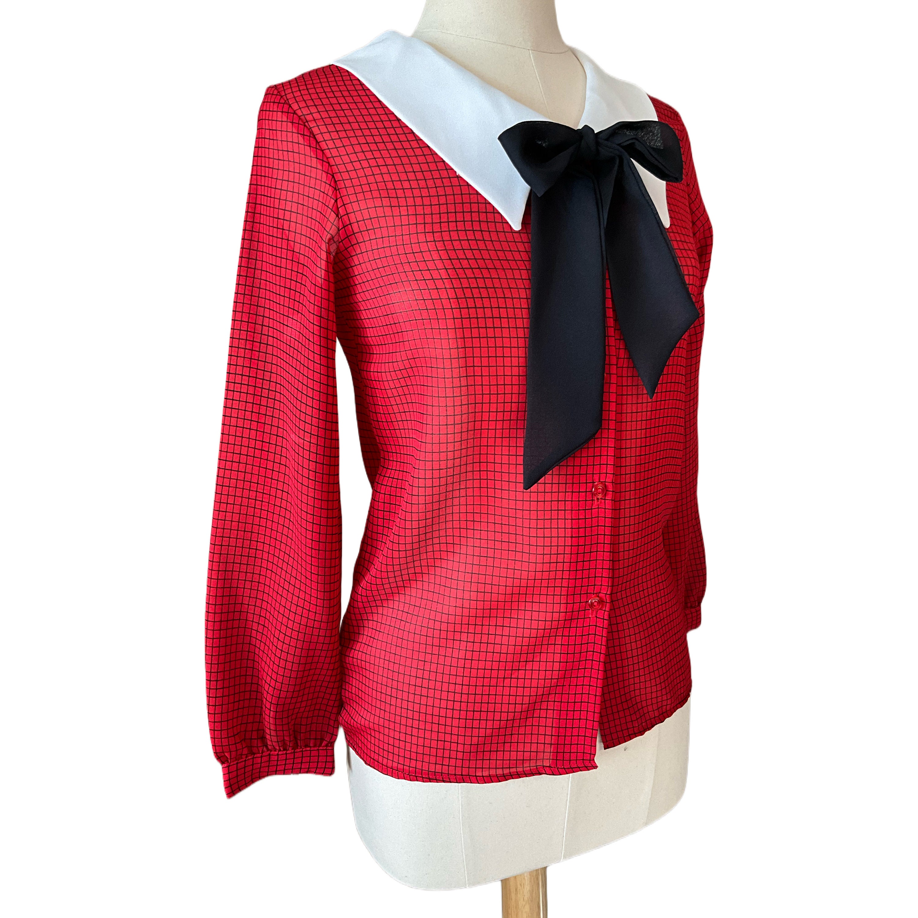 Vintage 1980s Red Sheer Check Blouse With Tie Bow Collar Long Sleeve ...
