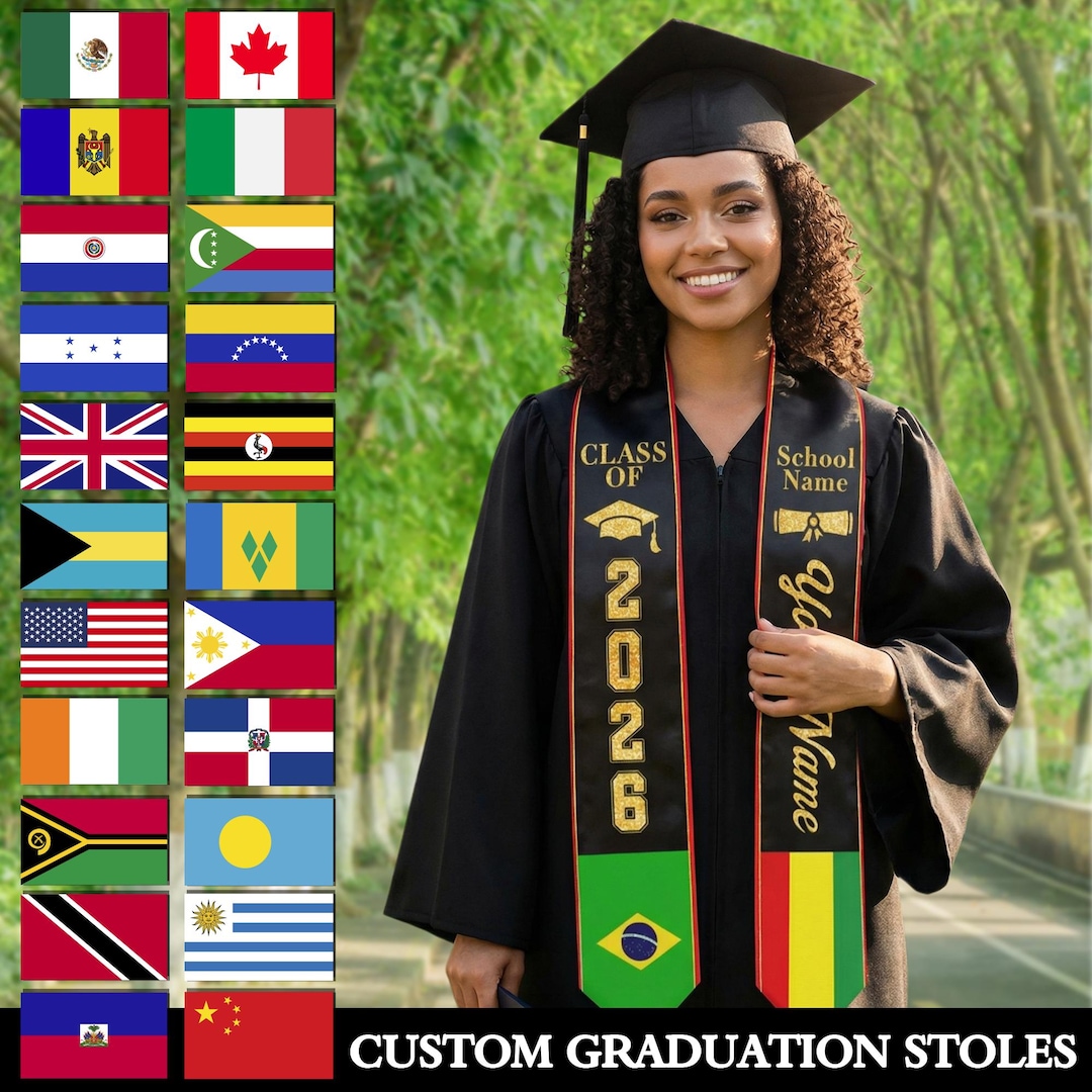 Custom Graduation Stole With Flags Name School Name, Custom Grad Stole ...