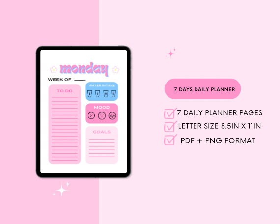 Cute Pink 7 Days Daily Planner, Instant Download, Printable - Etsy