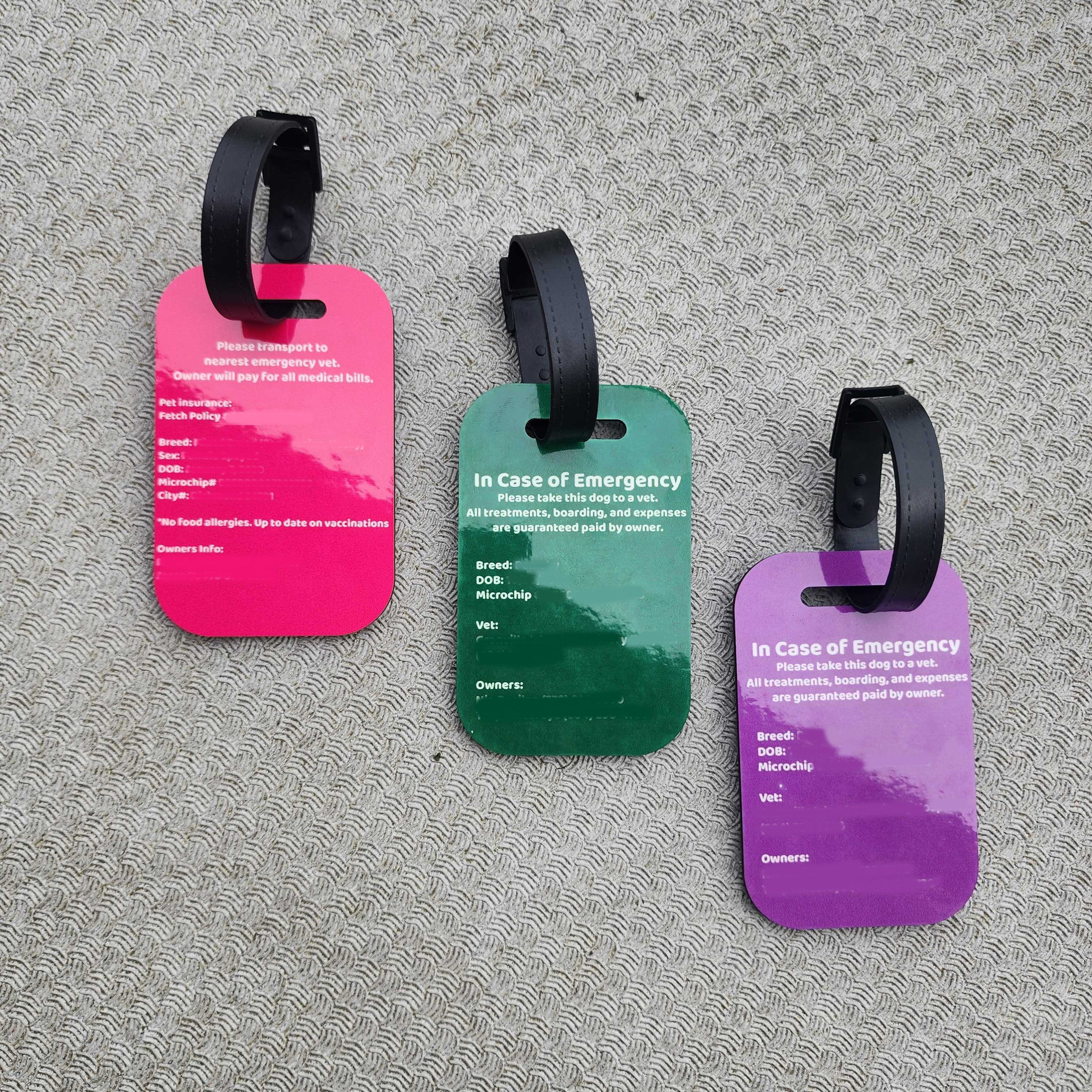 Custom E-tag in Case of Emergency Info Travel Crates and Bags Signs ...