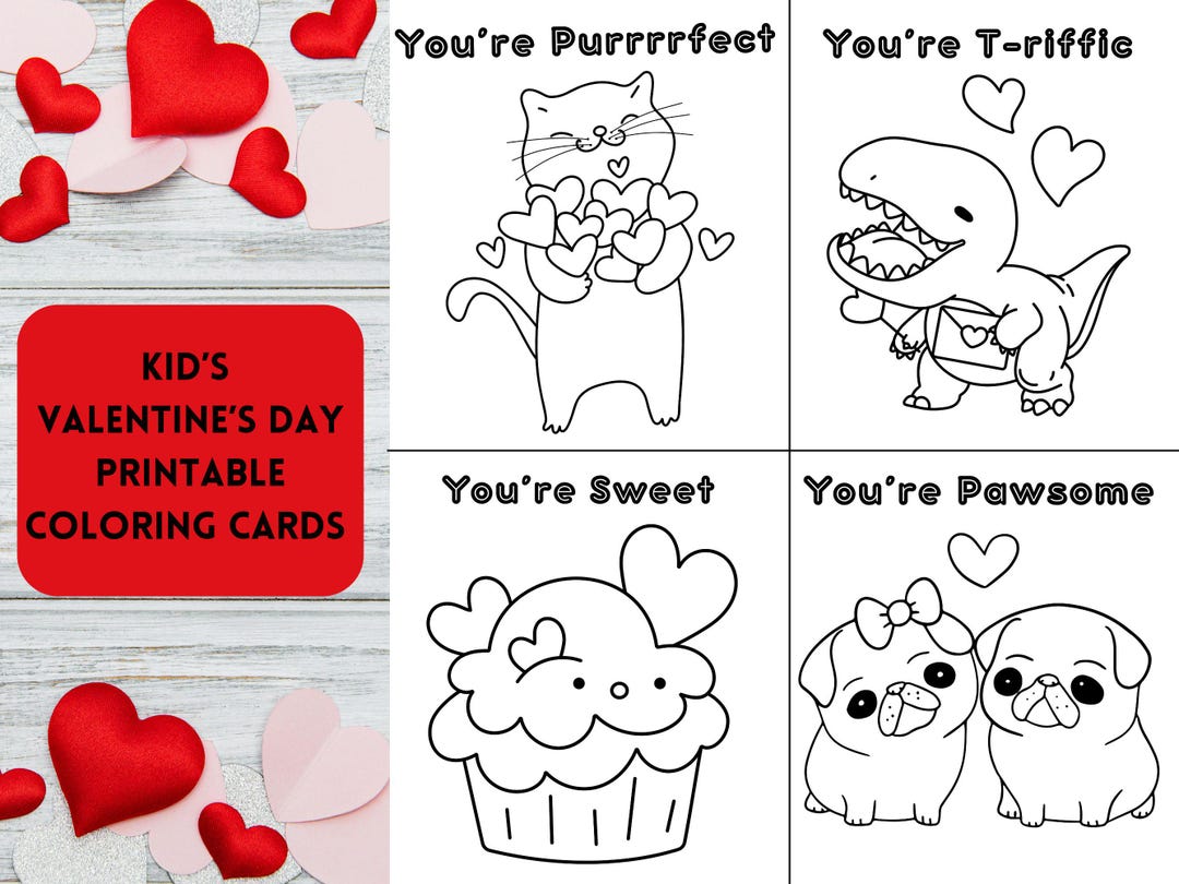 Kid's Valentine's Day Printable Coloring Cards | Download - Etsy