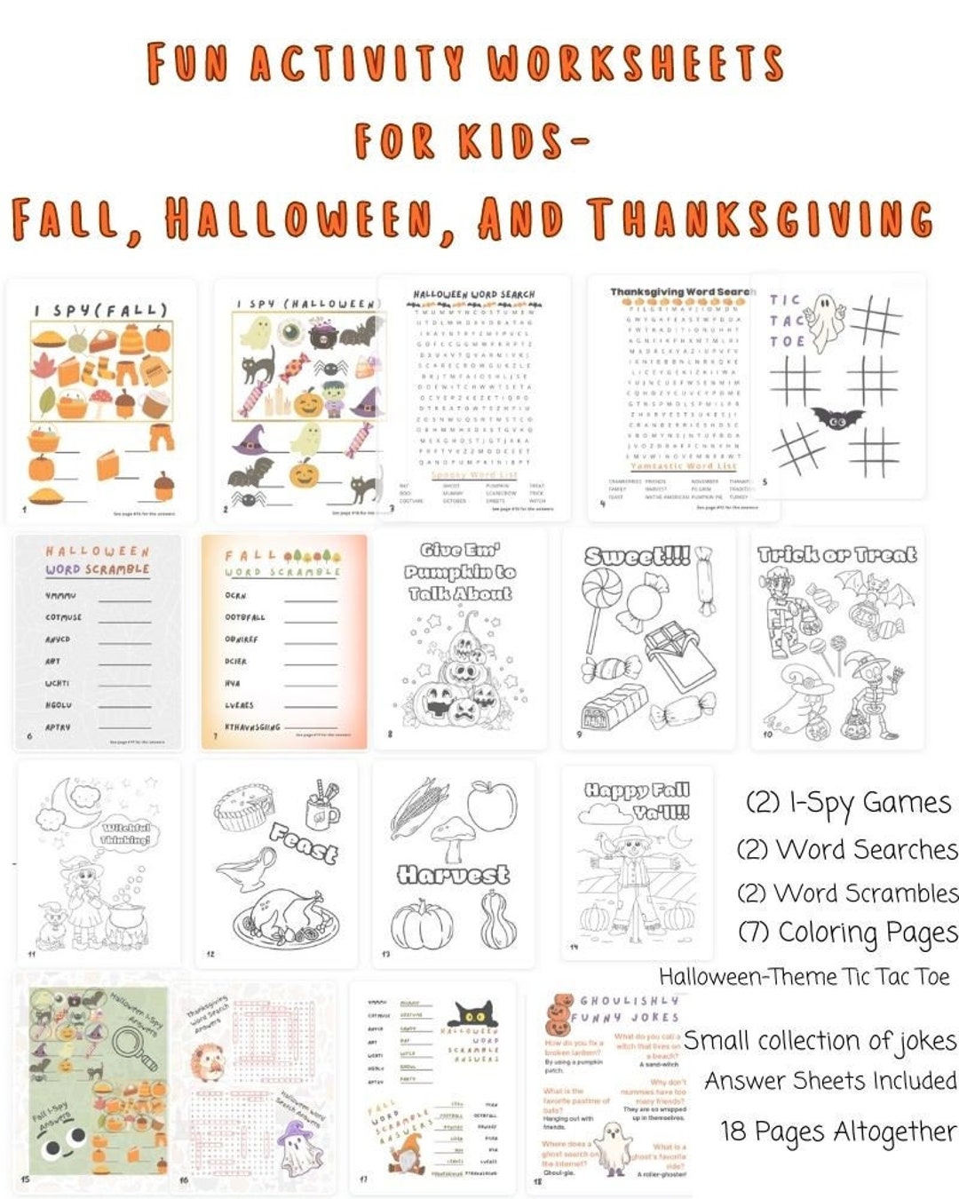 Fall Halloween Thanksgiving Fun Activity Worksheets for Kids Coloring ...