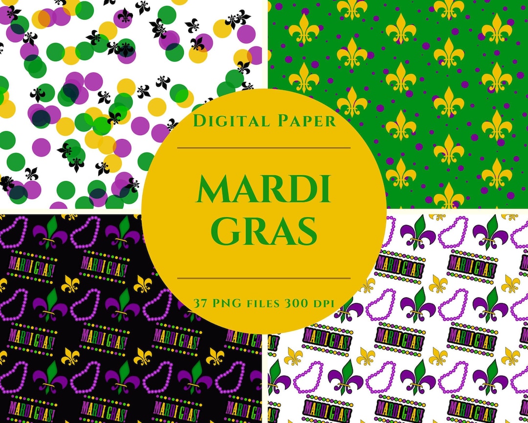 Mardi Gras Digital Paper, Colorful Illustration, Seamless Patterns With ...