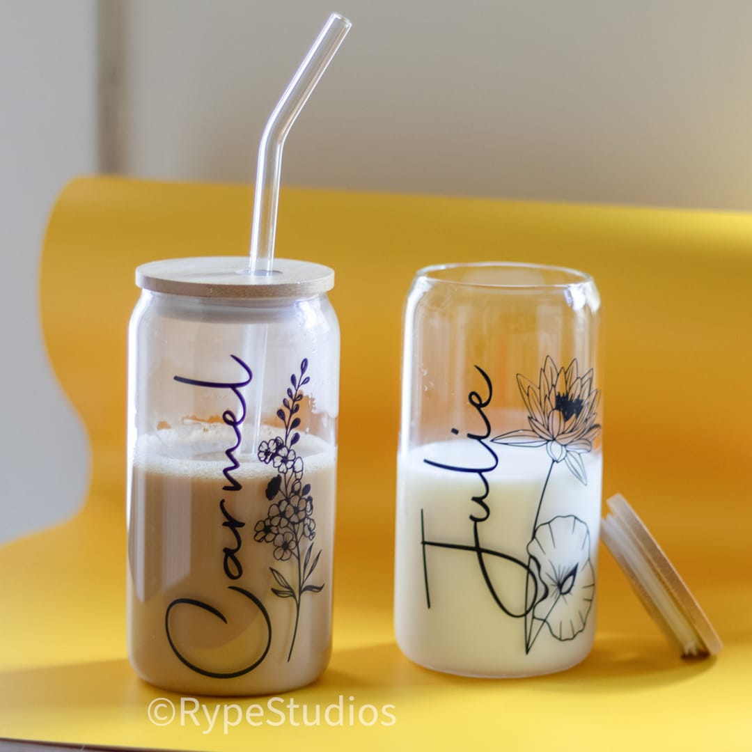 Custom Birth Flower Glass Cup, Personalised Cup With Birth Flower and ...