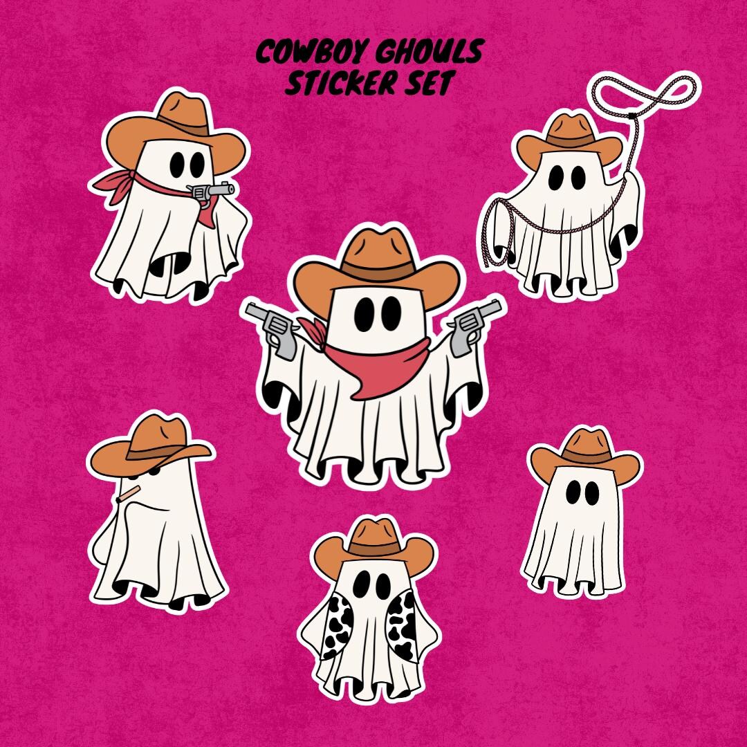 6 Cowboy Ghouls Sticker Set, Cute Ghosts Spooky Stickers, Halloween ...