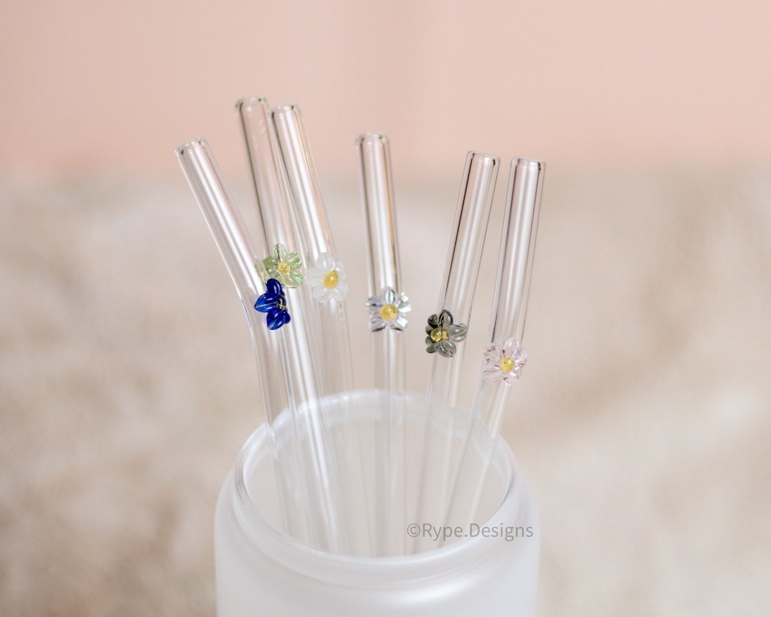 Flower Glass Straw, Cute Reusable Glass Straw, Elegant Floral Unique ...