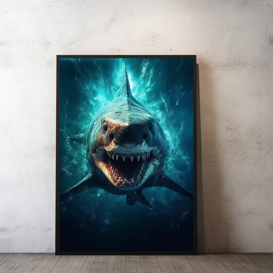 Great White Shark, Blue Water Angry , Black Framed Poster Print Gift ...