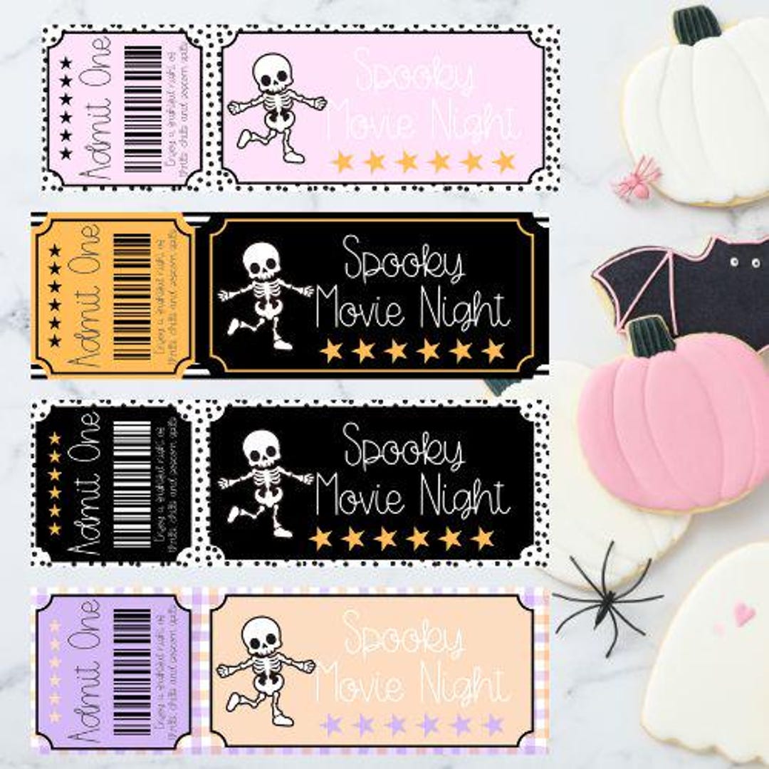 Spooky Movie Night Party Printable Tickets Skeleton Boo Basket Instant ...