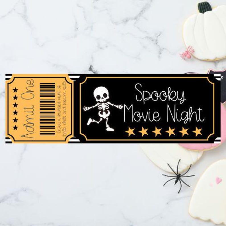 Spooky Movie Night Party Printable Tickets Skeleton Boo Basket Instant ...