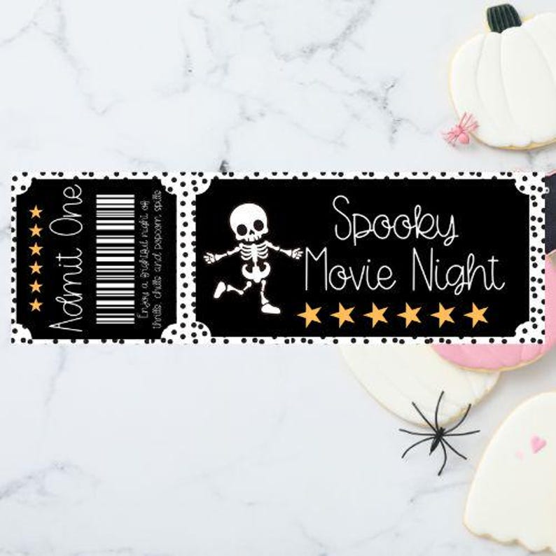 Spooky Movie Night Party Printable Tickets Skeleton Boo Basket Instant ...