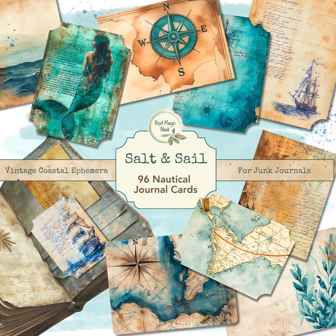 Nautical Journal Cards Printable, Vintage Coastal Watercolor Ephemera ...