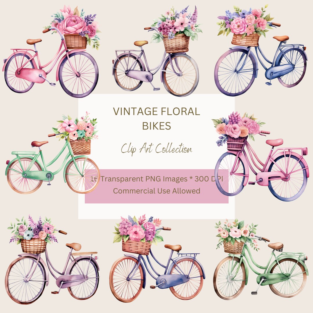 Vintage Floral Bikes Clip Art Collection, Instant Download, Pink, Blue ...