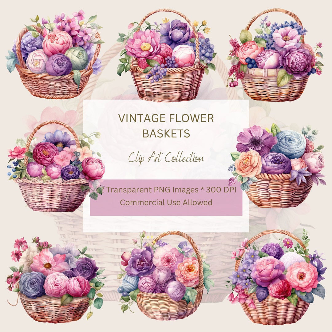 Vintage Flower Baskets Clip Art Collection, Instant Download, Wicker ...