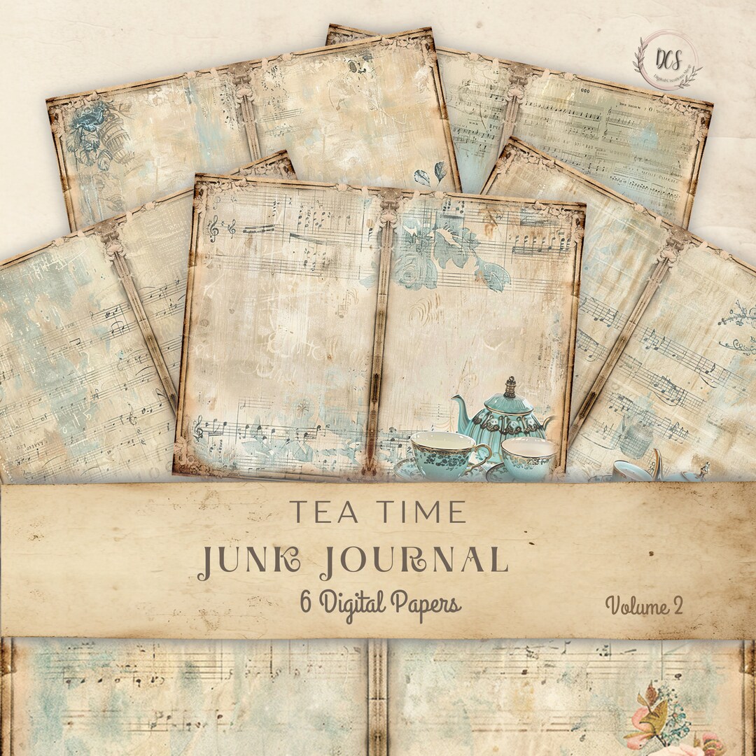 Tea Time Junk Journal Digital Papers Volume Two, Blue, Teapots Tea Cups ...