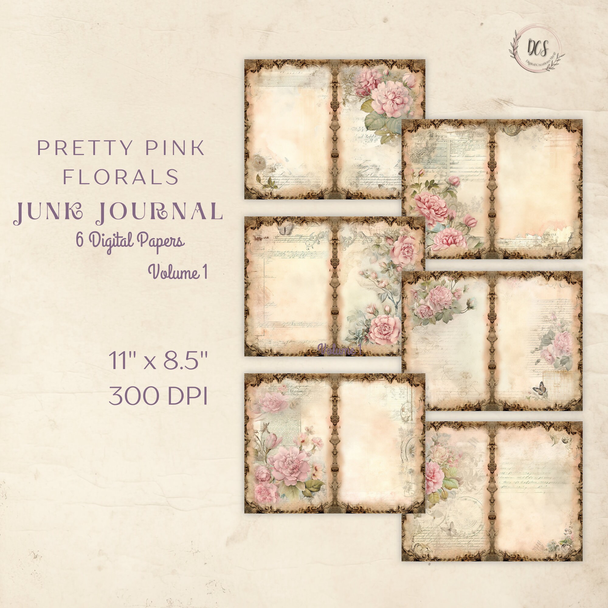 Pretty Pink Florals Junk Journal Digital Papers Volume One, Flowers ...