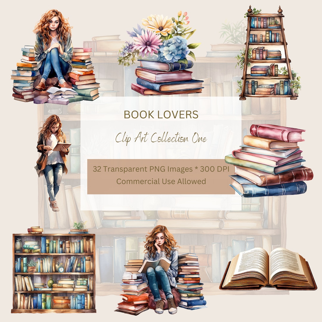Book Lovers Clip Art Collection One, Instant Download, Girl Reading ...
