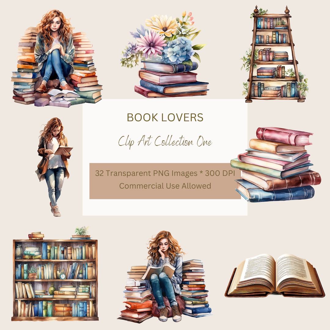 Book Lovers Clip Art Collection One, Instant Download, Girl Reading ...