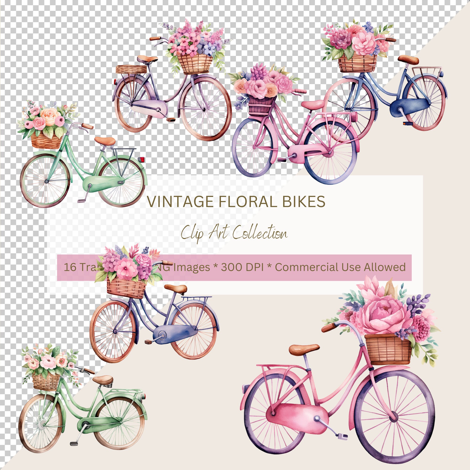Vintage Floral Bikes Clip Art Collection, Instant Download, Pink, Blue ...