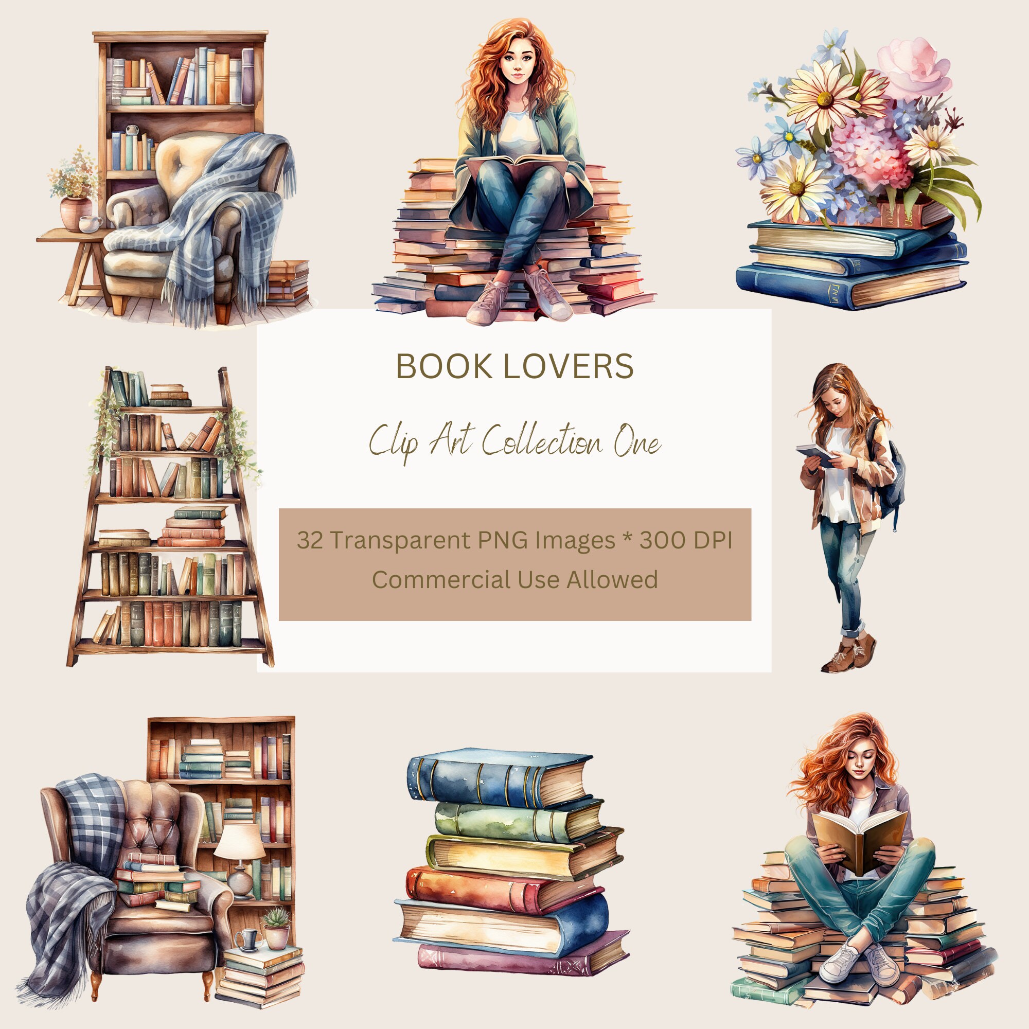 Book Lovers Clip Art Collection One, Instant Download, Girl Reading ...