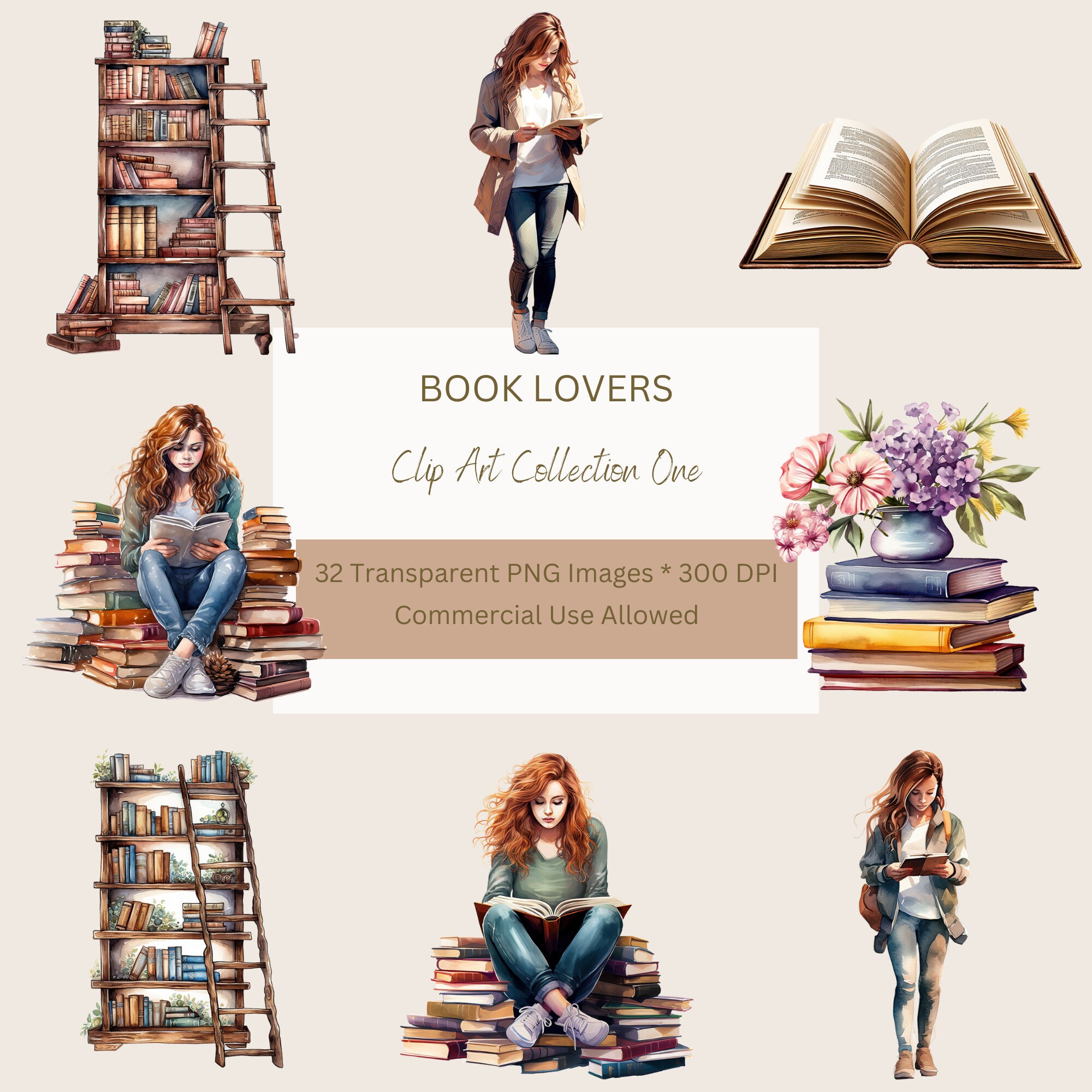 Book Lovers Clip Art Collection One, Instant Download, Girl Reading ...