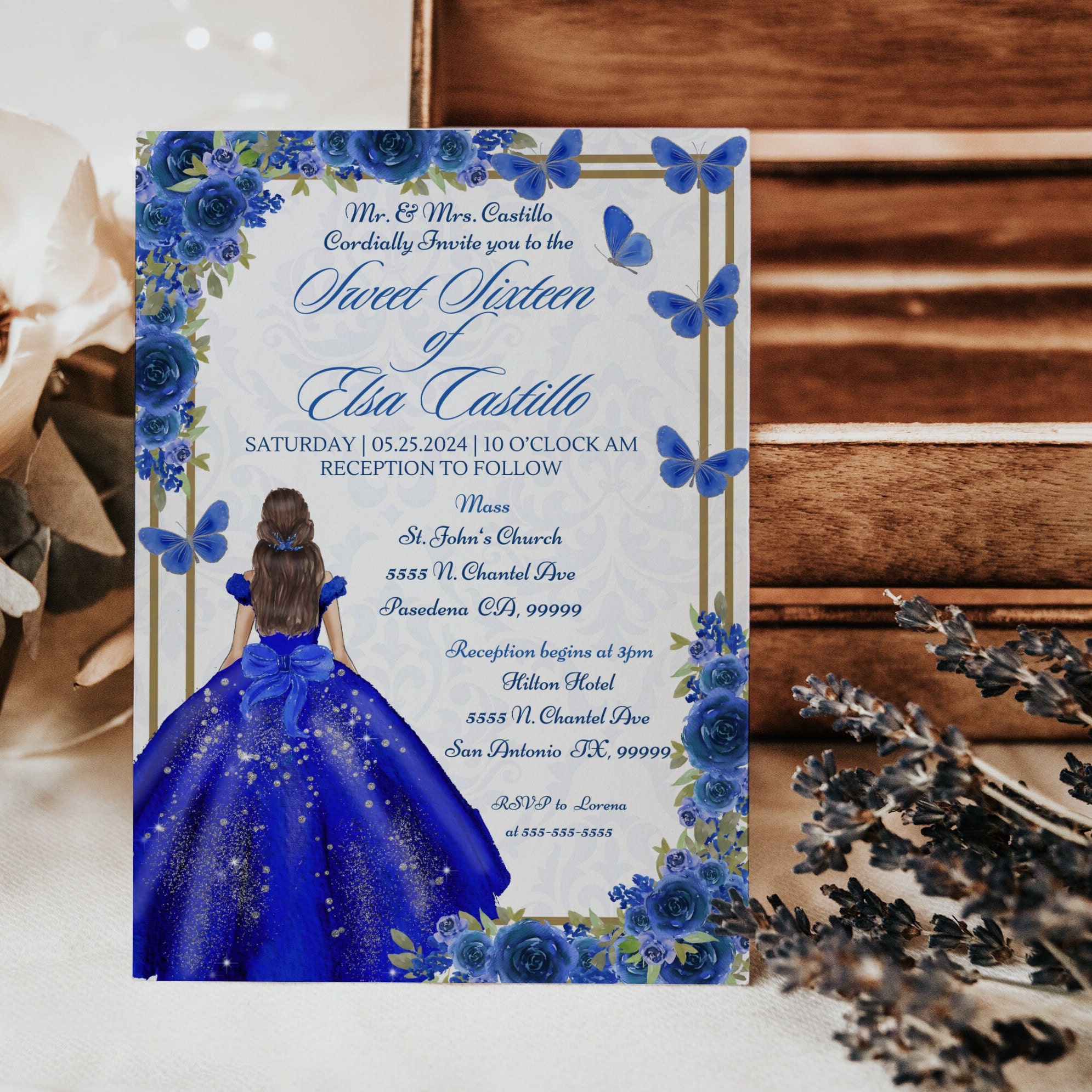 Royal Blue Floral Sweet 16 Invitation, Sweet Sixteen, Floral Invite for ...