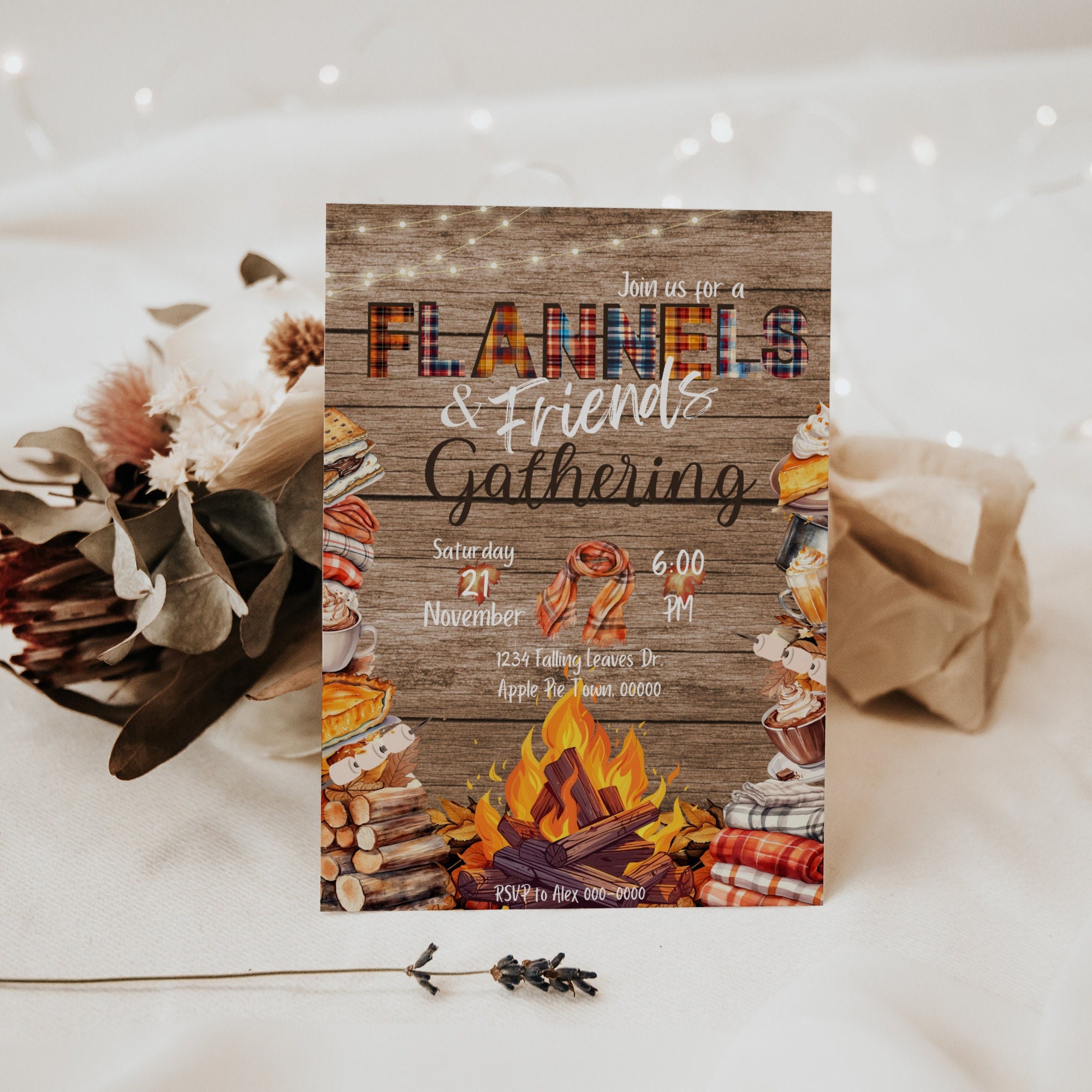 Flannel and Friends Bonfire Invitation, Fall Potluck Invite ...
