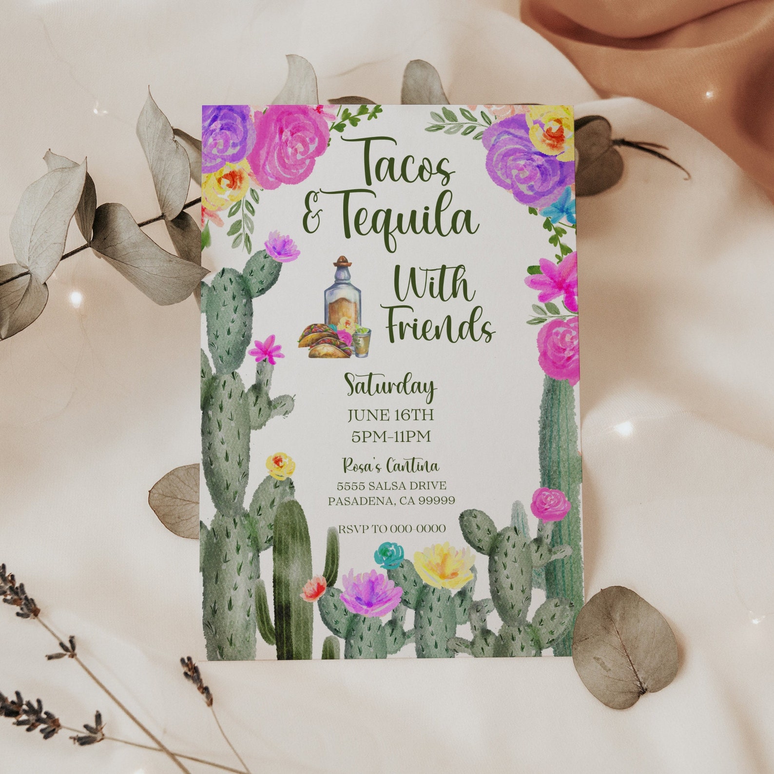 Tacos and Tequila Fiesta Invitation, Desert Floral (5x7 PDF) - Etsy