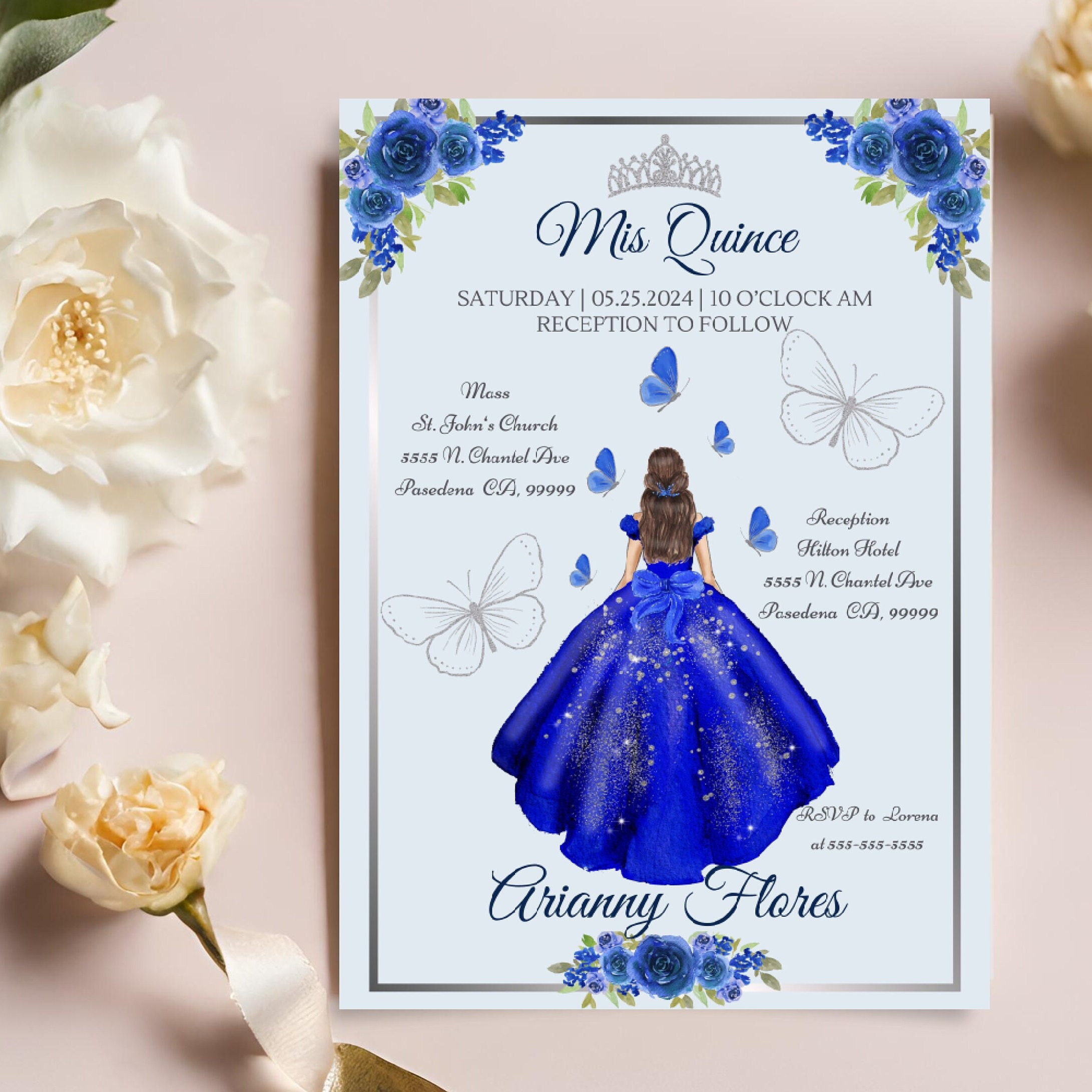 Blue Quinceañera Invitation Template, Quince Customizable Royal Blue ...