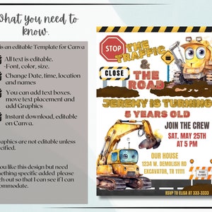 Construction Excavator Party Invitation, Dump Truck Card, Construction ...