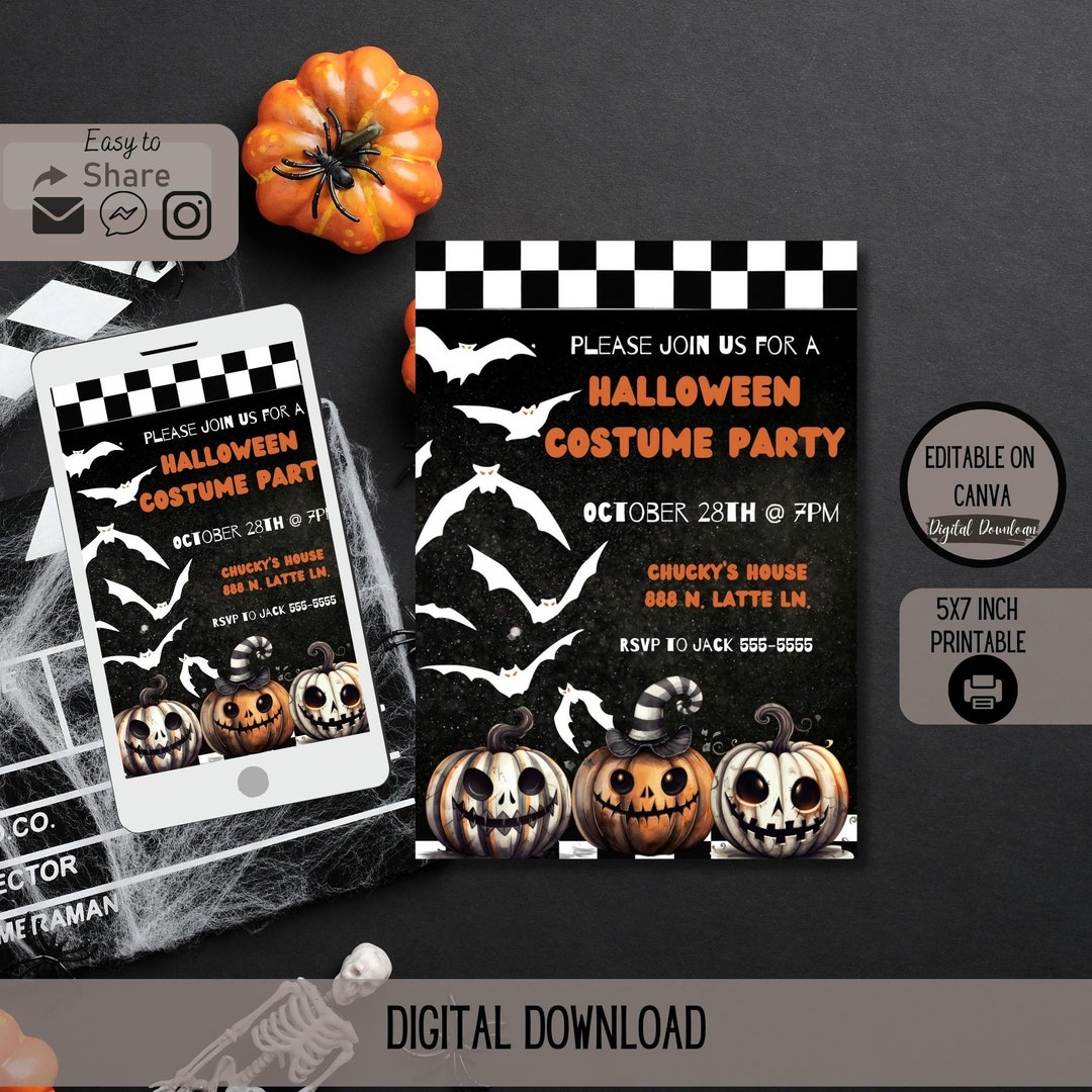 Editable Retro Checkered Halloween Invitation 5x7 - Etsy