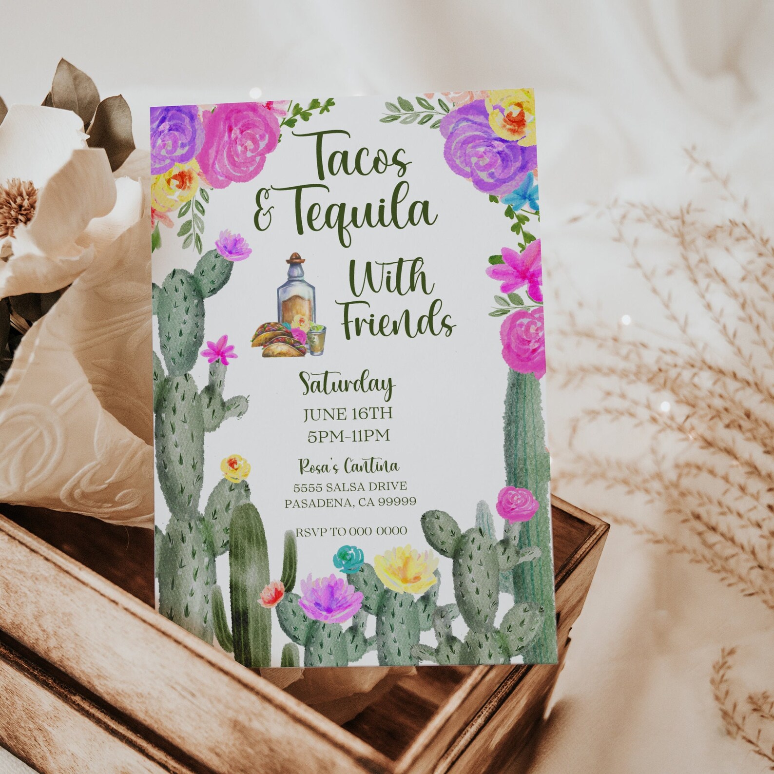 Tacos and Tequila Fiesta Invitation, Womens Night Desert Floral ...