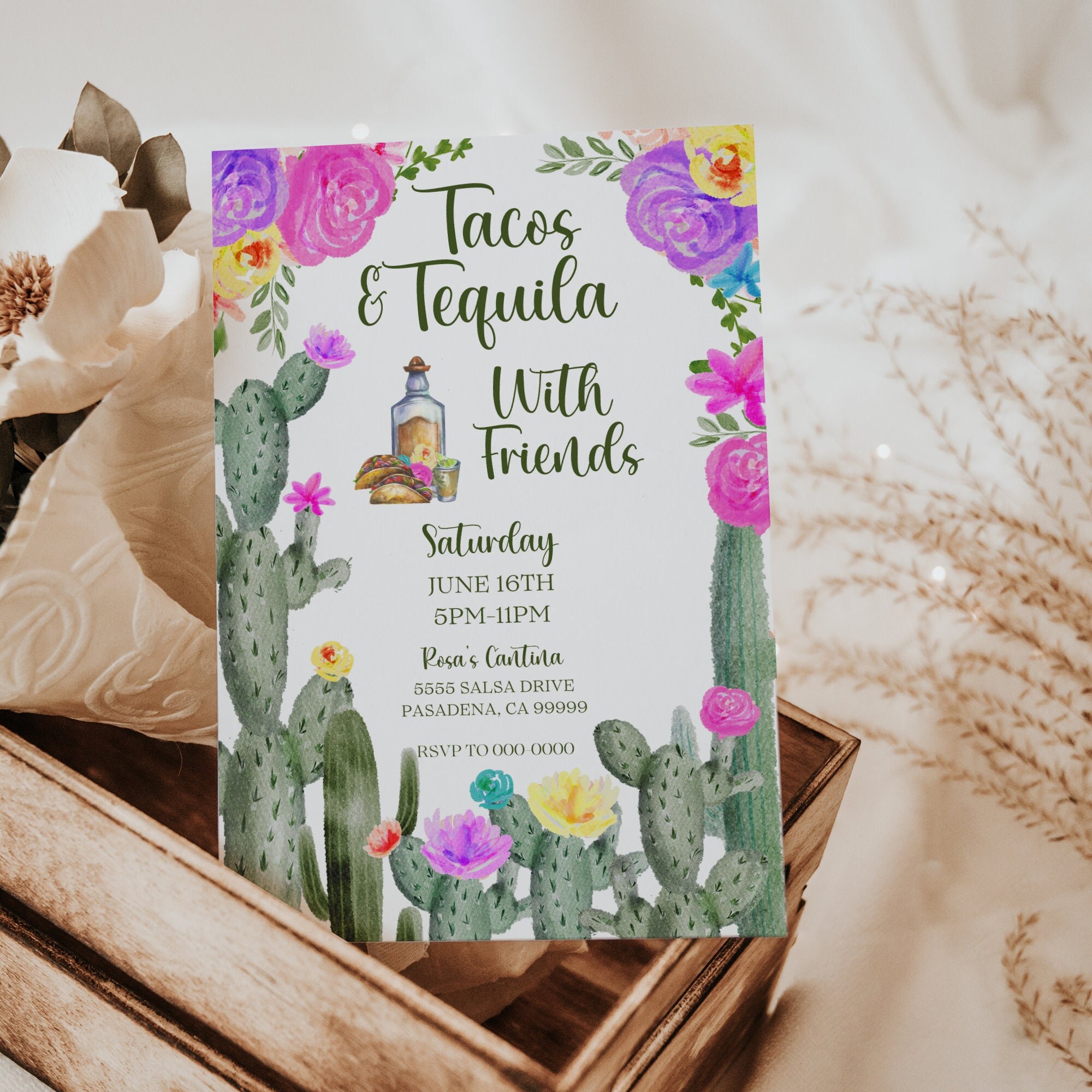 Tacos and Tequila Fiesta Invitation, Desert Floral (5x7 PDF) - Etsy