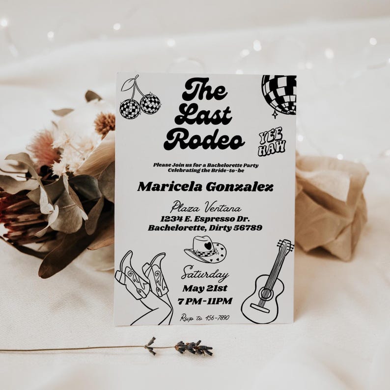 The Last Rodeo Bachelorette Invitation, Disco Cowgirl Theme, Black and ...
