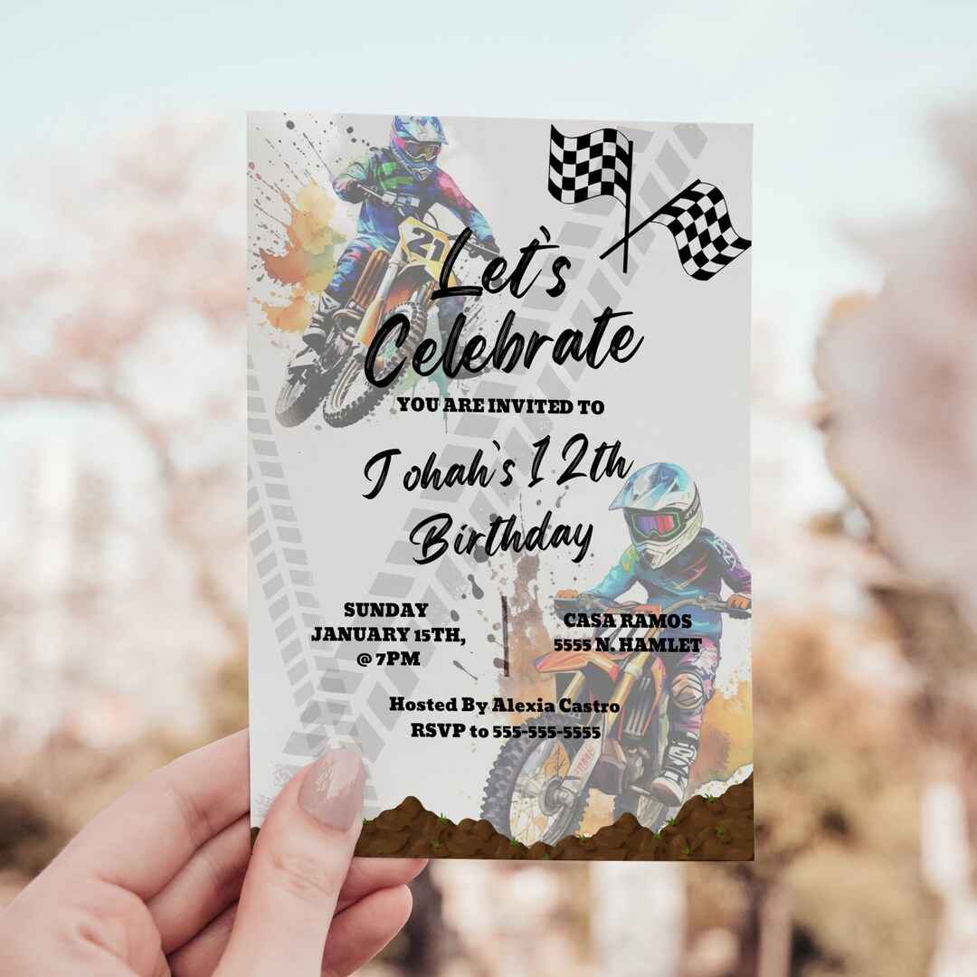 Editable Boys' Motorcross Kids Birthday Invitation - 5x7 | Dirt Bike ...