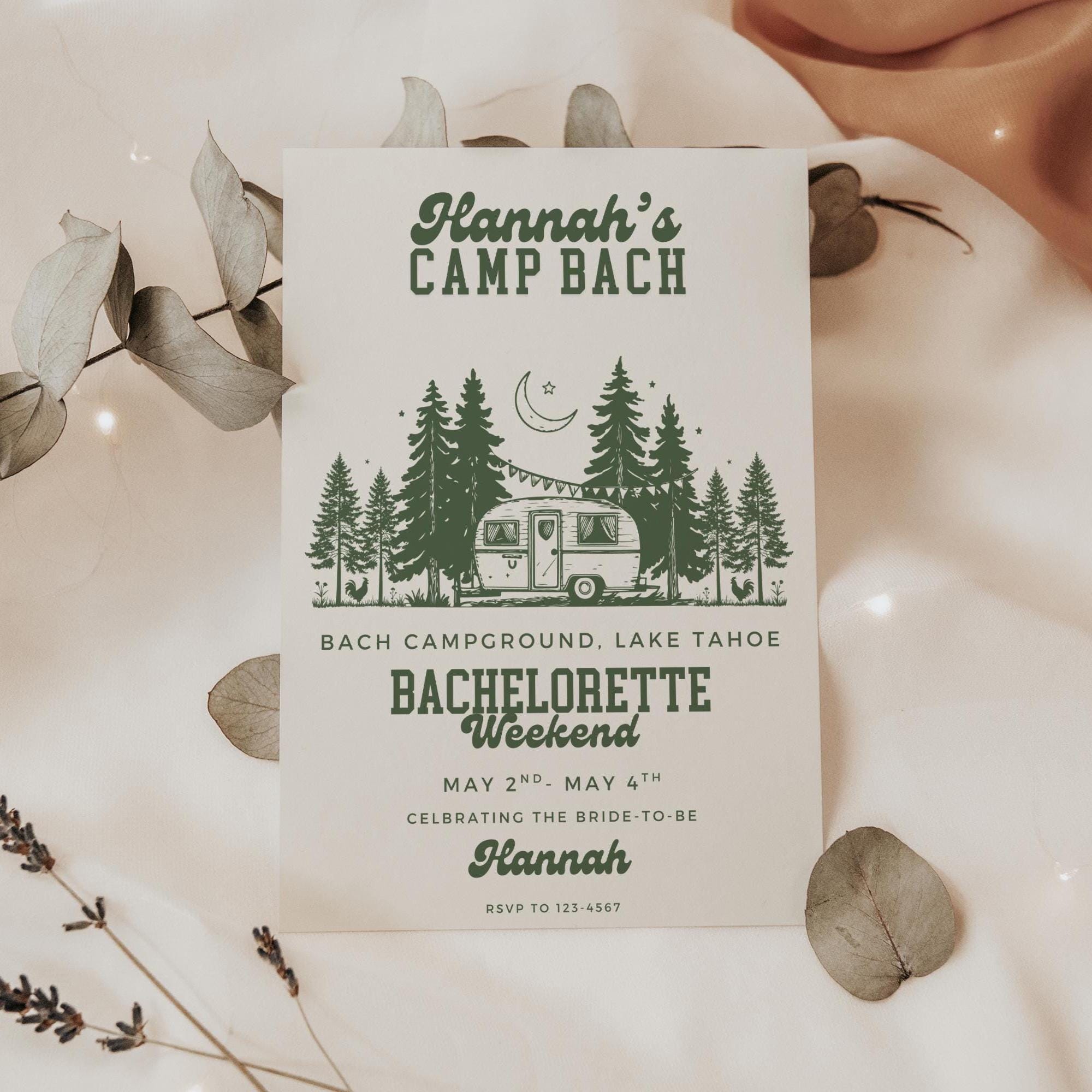Camp Bachelorette Invitation, Green Camp Bach, Itinerary Template, Camp ...
