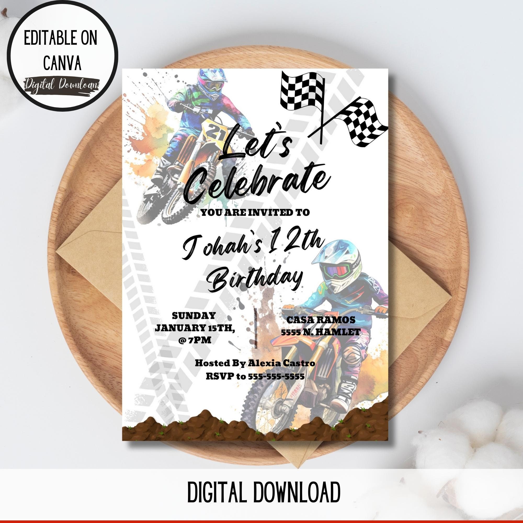 Editable Boys' Motorcross Kids Birthday Invitation 5x7 Dirt Bike ...