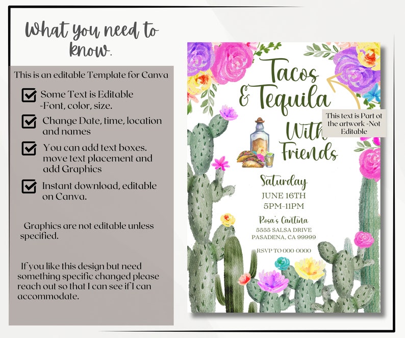 Tacos and Tequila Fiesta Invitation, Womens Night Desert Floral ...