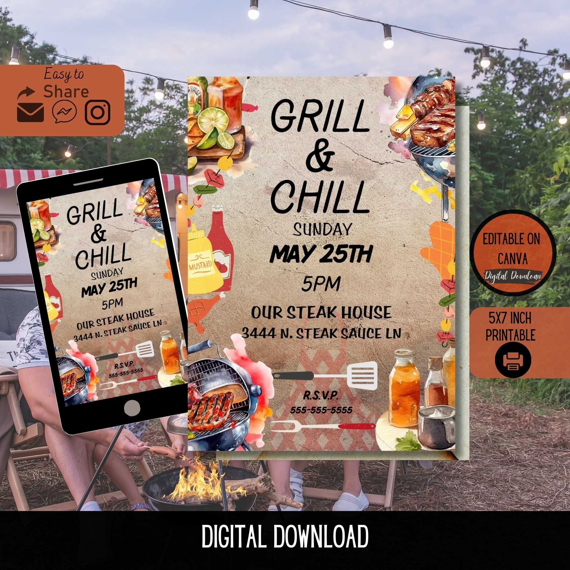 Grill and Chill BBQ Party Invitation, Backyard BBQ Invite, Summer ...