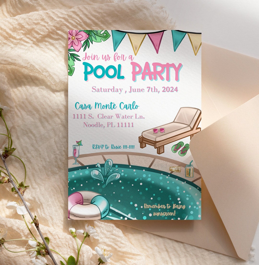 Cute Colorful Pool Party Invitation Template, Summer Invitation ...