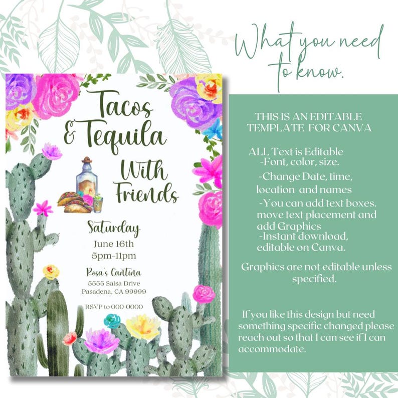 Tacos and Tequila Fiesta Invitation, Desert Floral (5x7 PDF) - Etsy