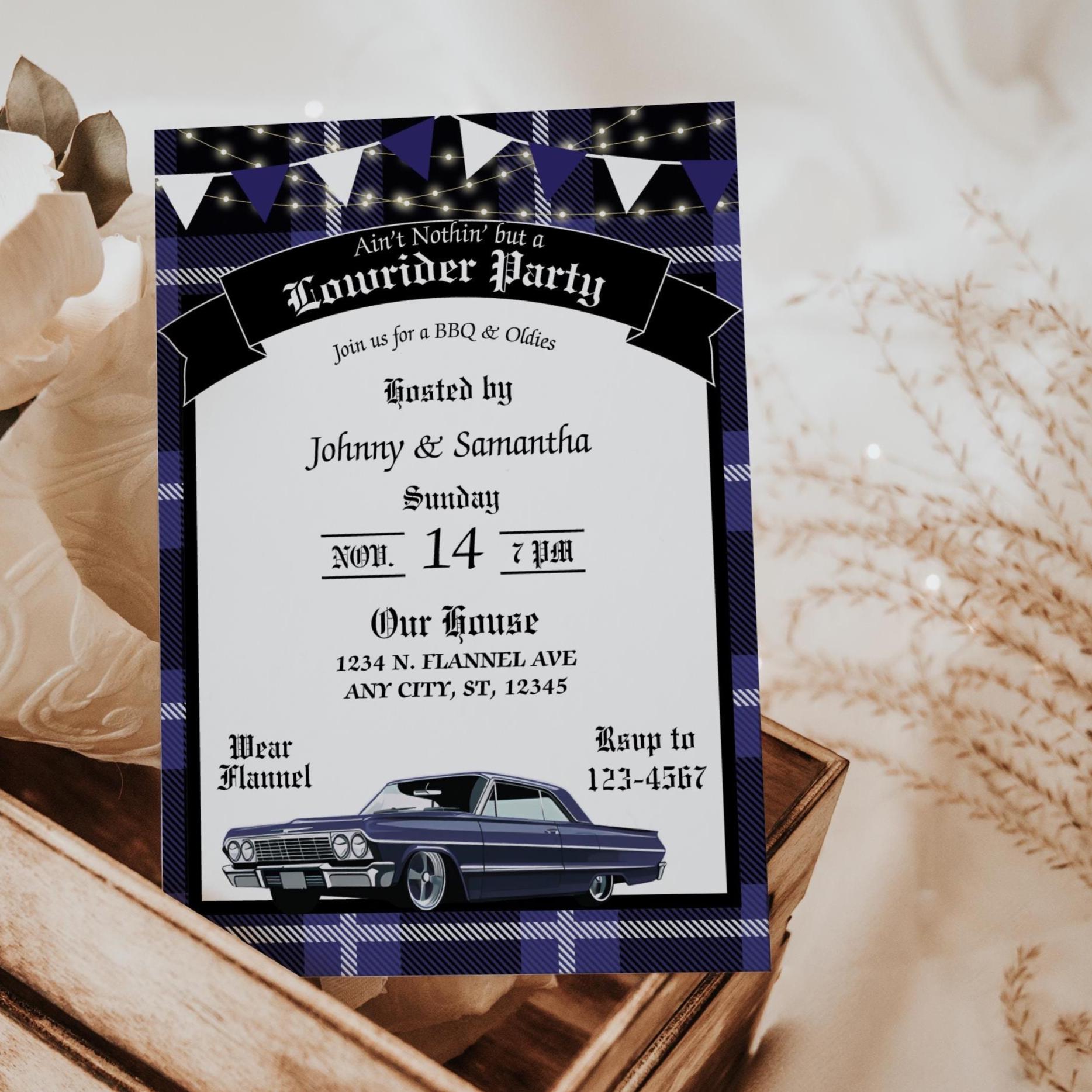 Blue Lowrider Invitation, Cholo Party, Chicano Culture, Lowrider Party ...