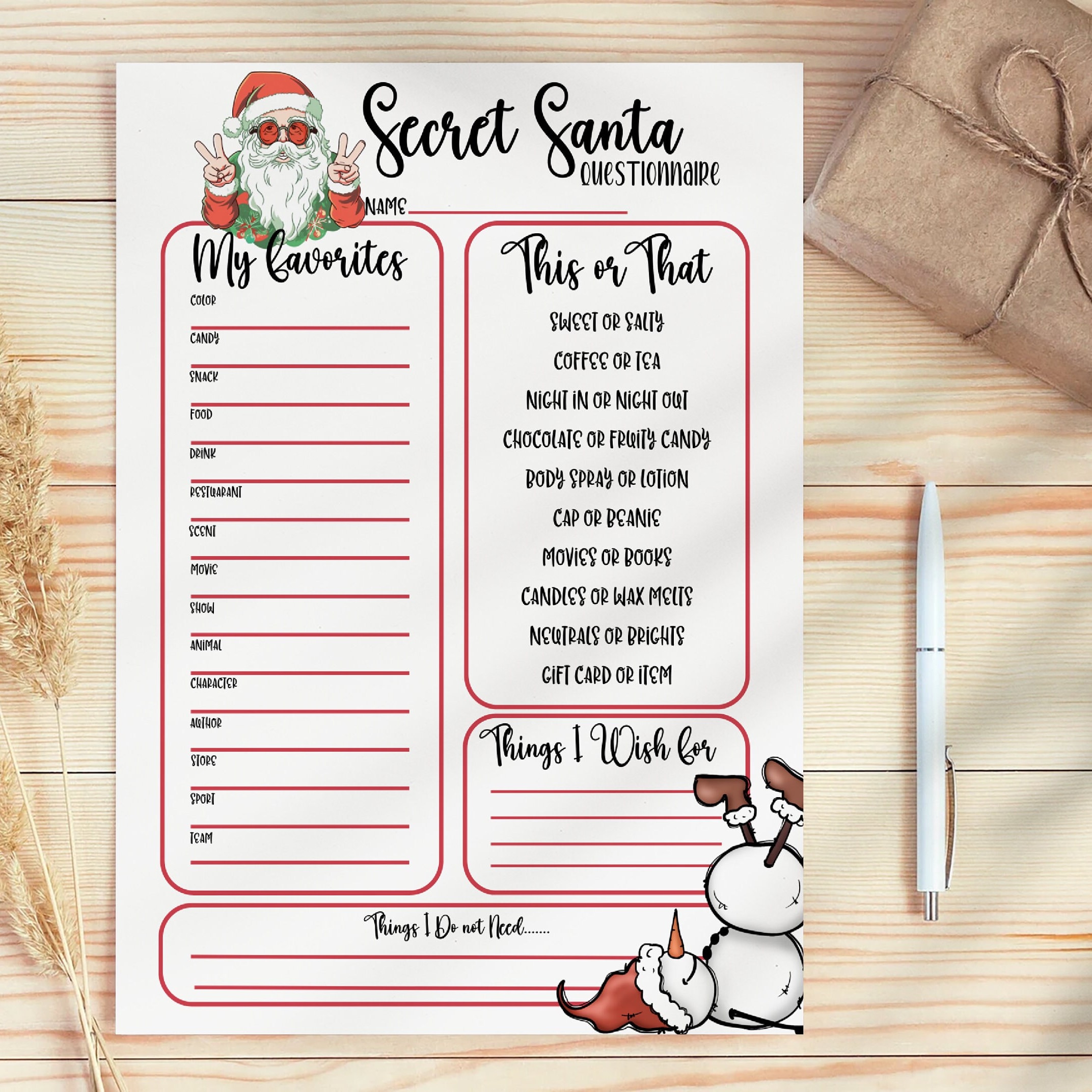 Secret Santa Questionnaire Printable Holiday Fun for Coworkers or ...