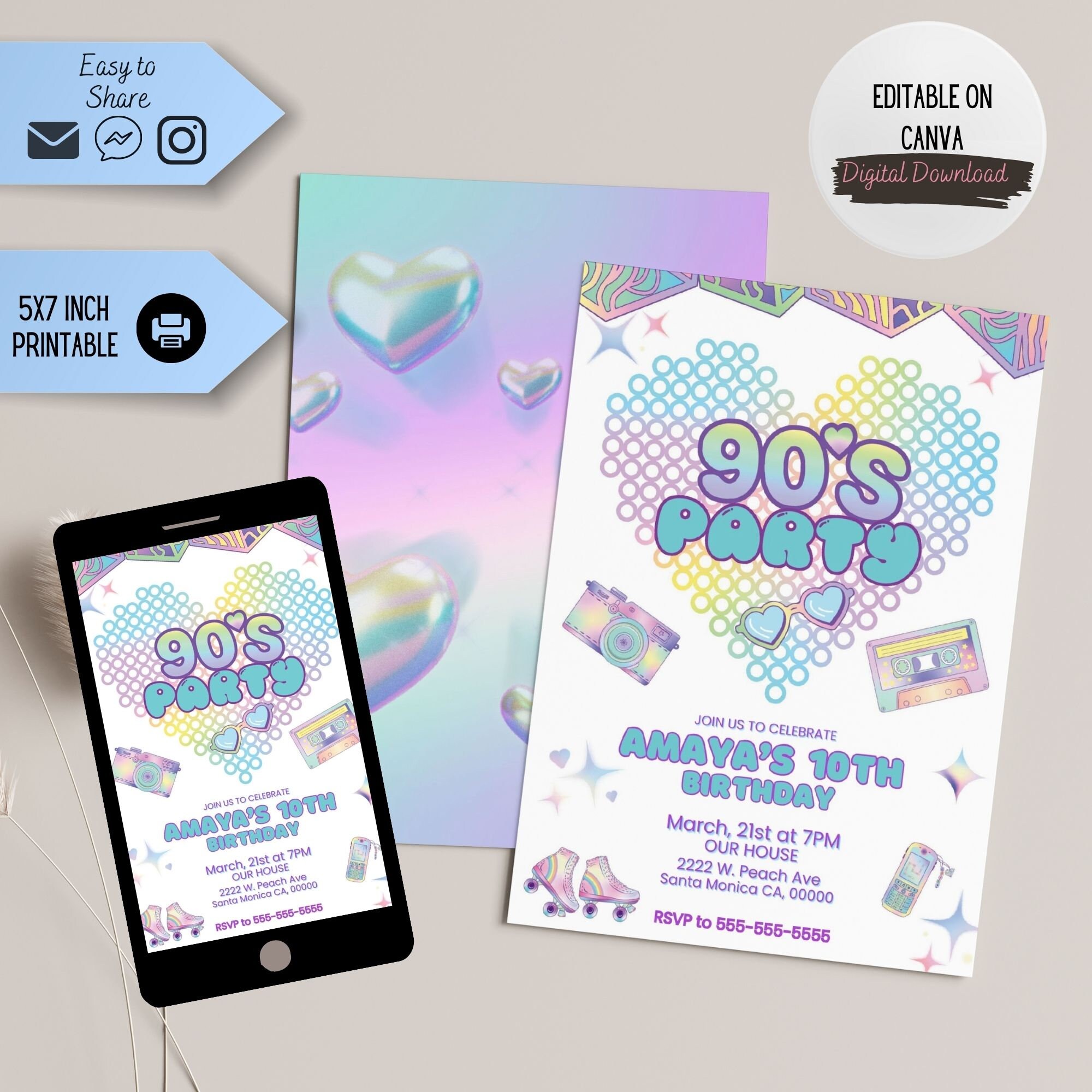90's Party Invitation | Back to the 90's Theme Invite | 90's Pastel ...