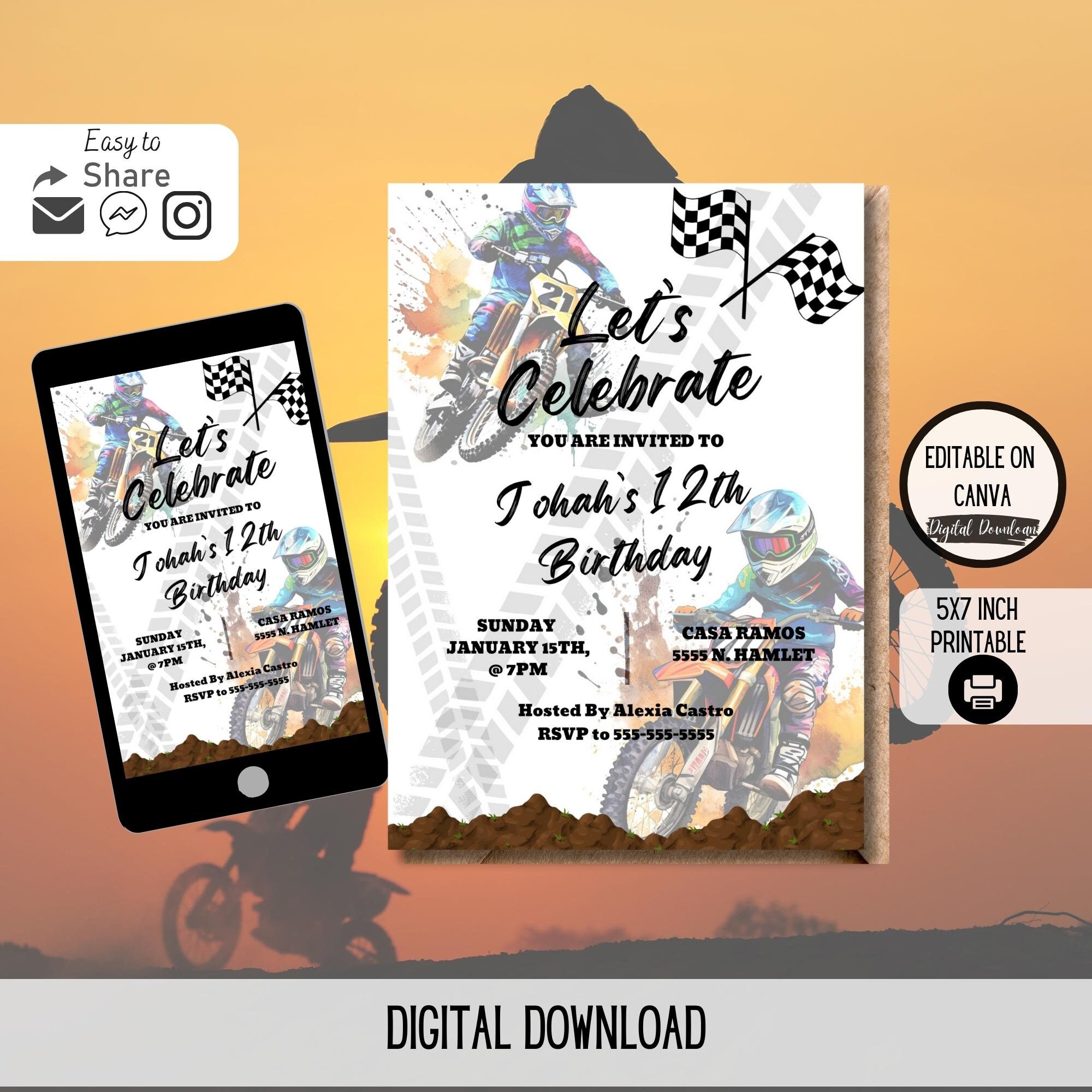 Editable Boys' Motorcross Kids Birthday Invitation 5x7 Dirt Bike ...