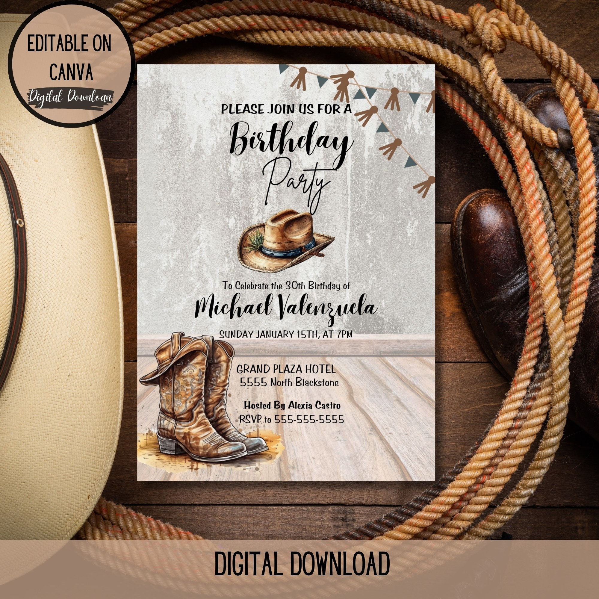 Editable Rustic Cowboy Birthday Invitation 5x7 Simple Western Party ...