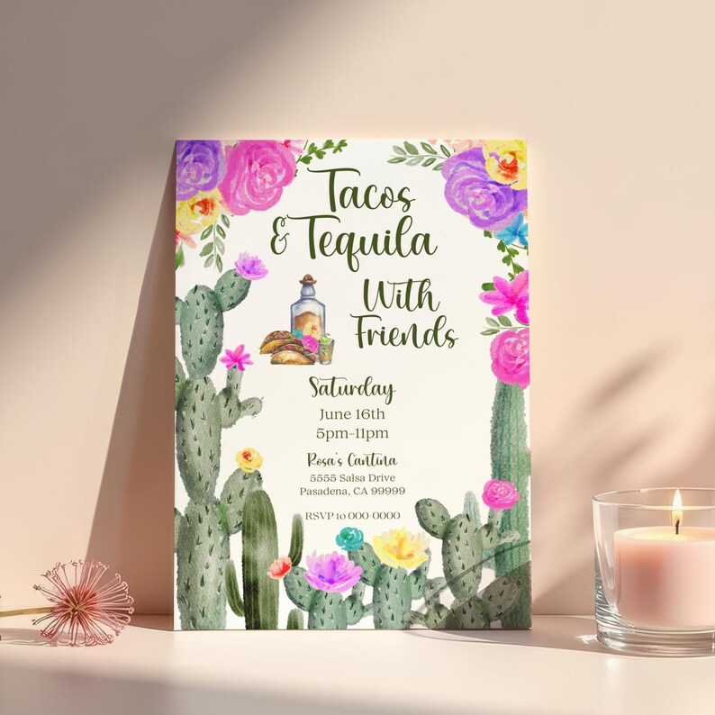 Tacos and Tequila Fiesta Invitation, Womens Night Desert Floral ...