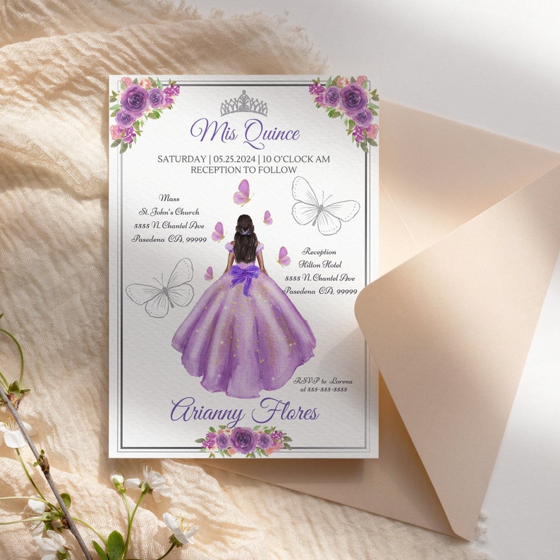 Lilac and Silver Quinceañera Invitation Template, Quince Customizable ...