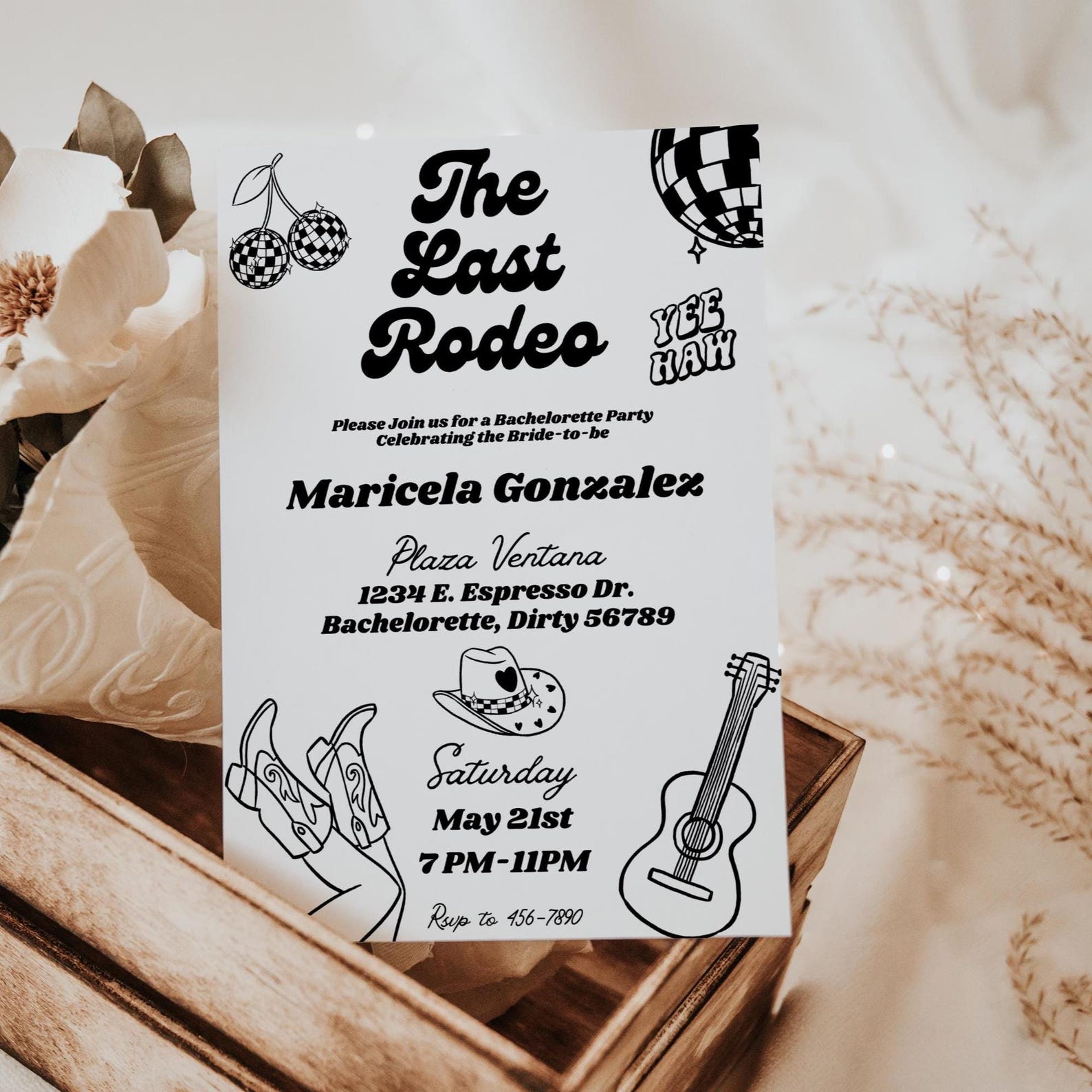 The Last Rodeo Bachelorette Invitation, Disco Cowgirl Theme, Black and ...