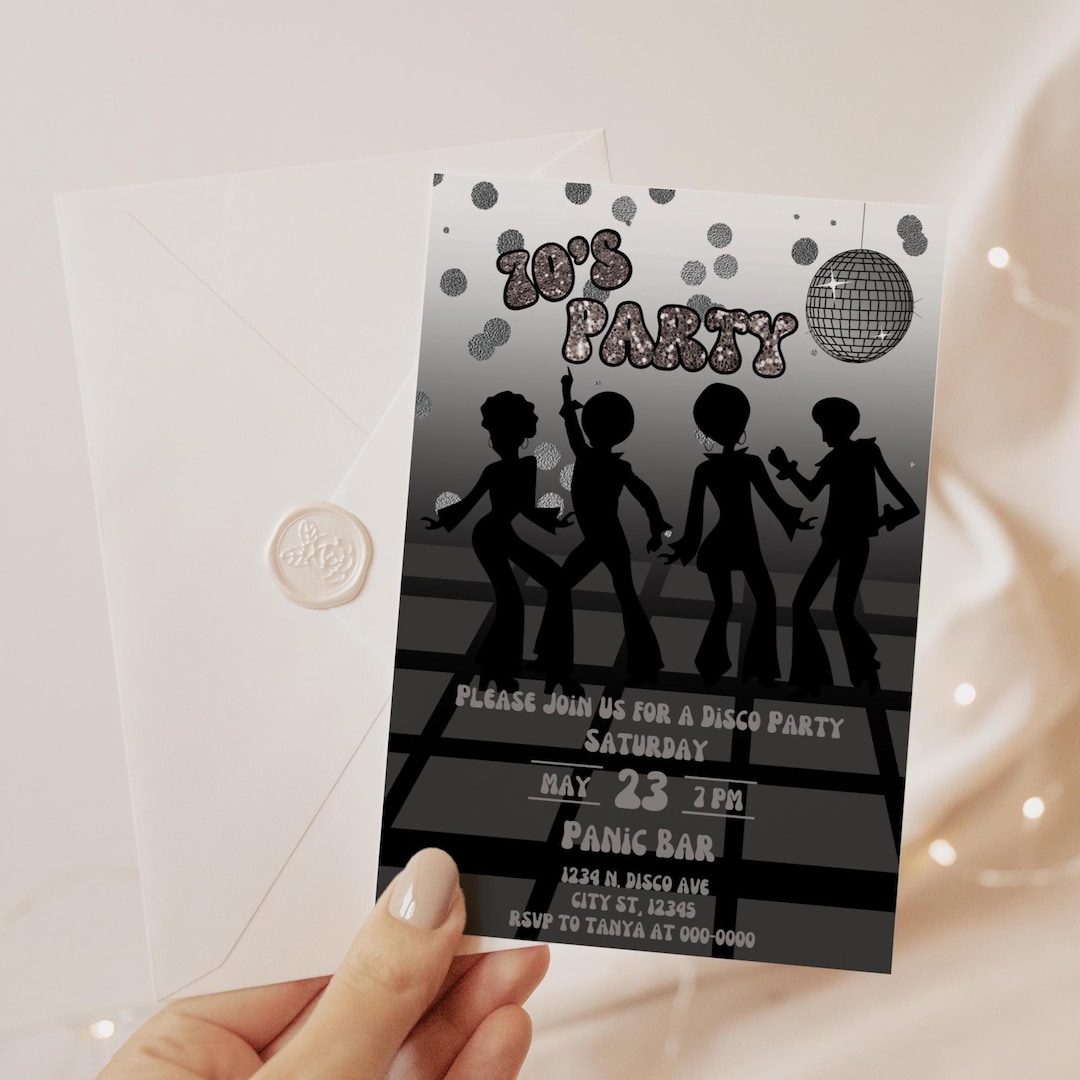 70s Disco Party Invite Template, Silver Black Glitter, Disco Invitation ...